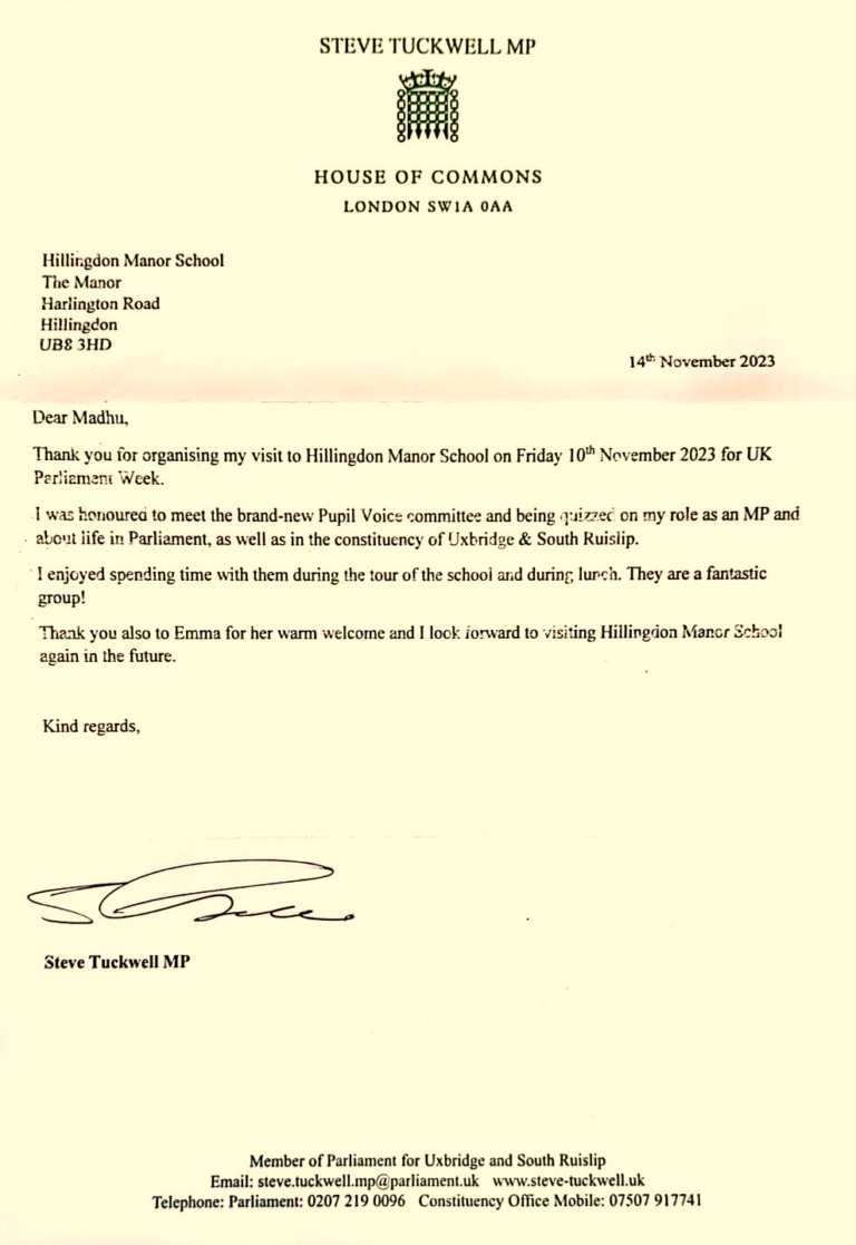 Letter from MP (House of Commons) - Hillingdon Manor School